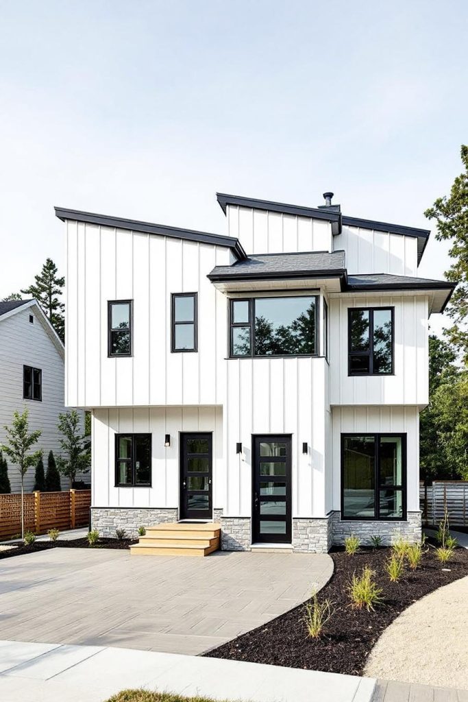 Contemporary White House with Black Trim: Modern Elegance Meets Bold Detail
