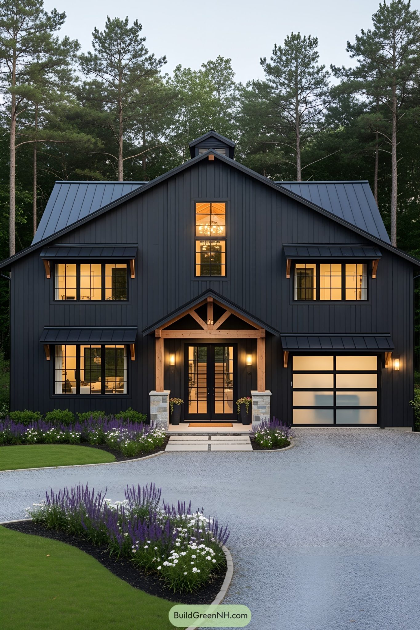 Black Barndominium With Wood Accents