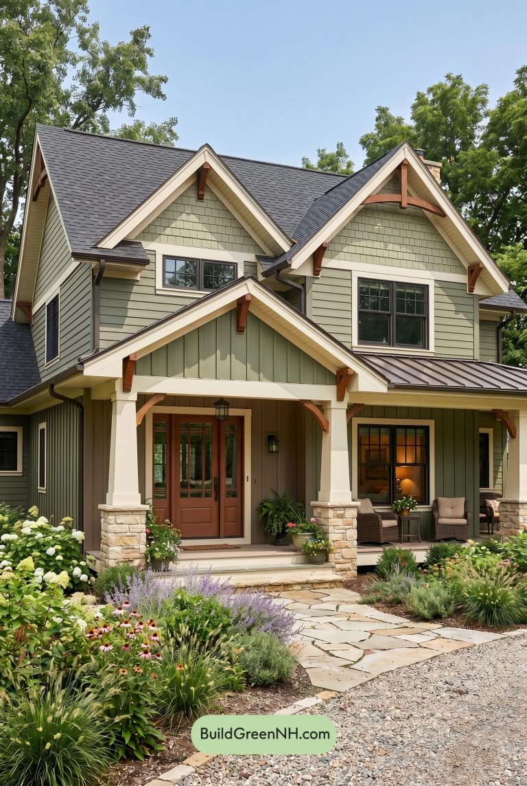 American Craftsman Green Exterior Color Schemes: Olive Cream Porch