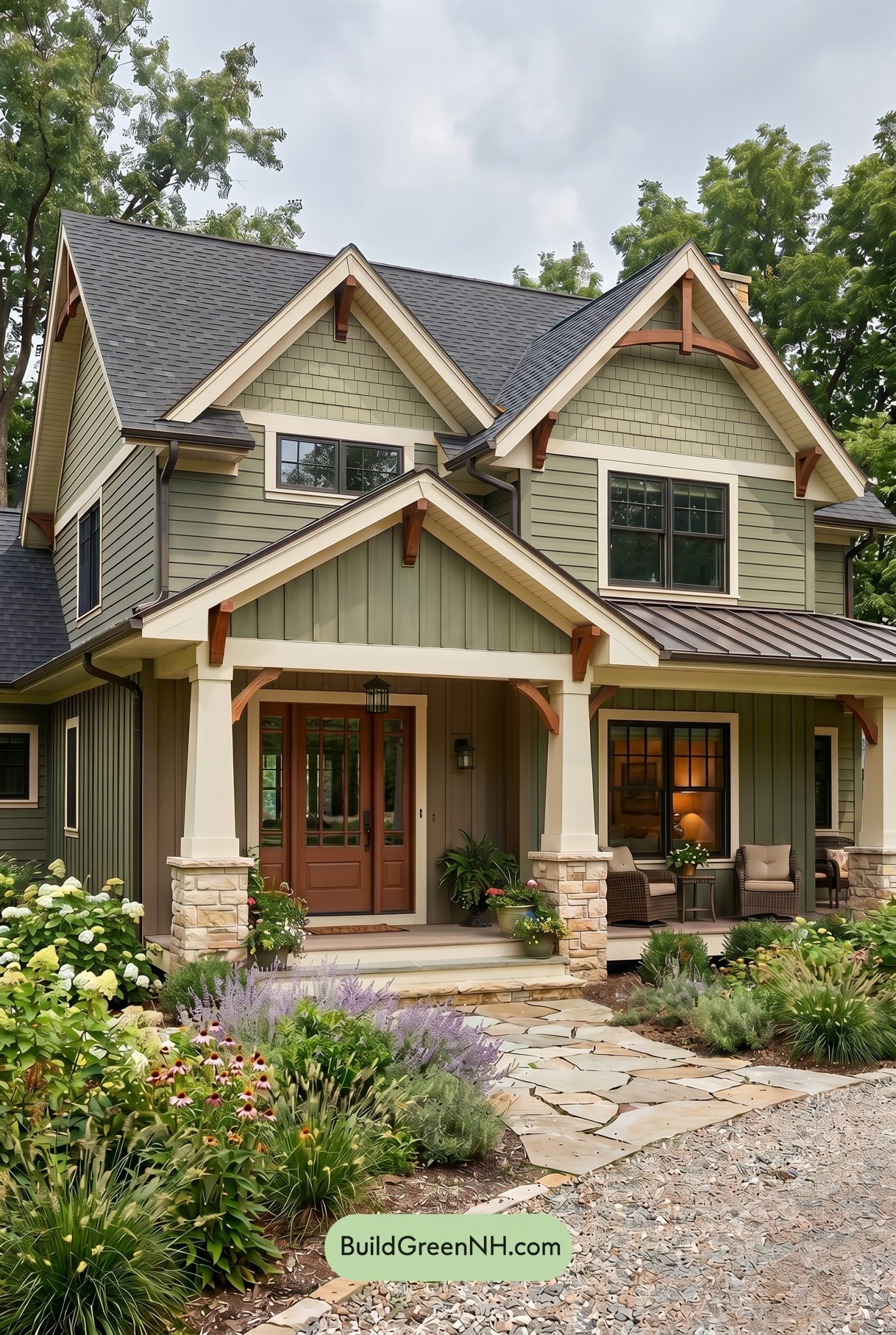American Craftsman Green Exterior Color Schemes: Olive Cream Porch