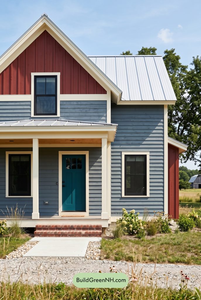 Modern Grey House Exterior Color Scheme: Denim Red Hearth