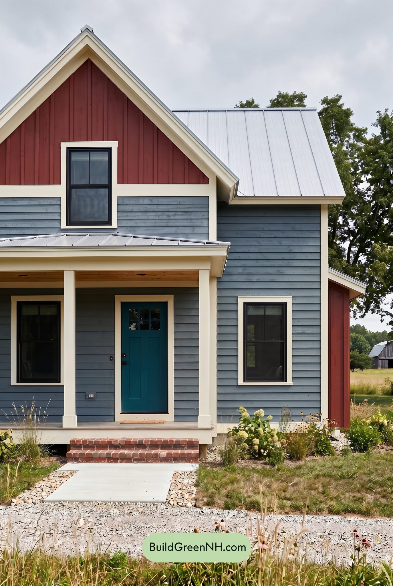 Modern Grey House Exterior Color Scheme: Denim Red Hearth