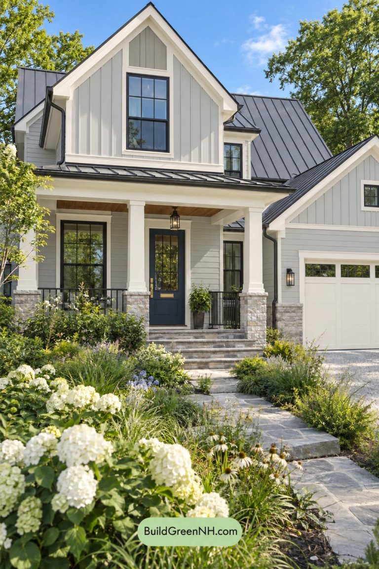 Wood and White House Exterior Color Scheme: Pearl Blue Gables